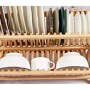 NOVAYEAH Bamboo Dish Drying Rack with Utensil Holder, Collapsible Wooden Dish Drainer Rack, 3-Tier Large Folding Drying Holder for Kitchen Counter