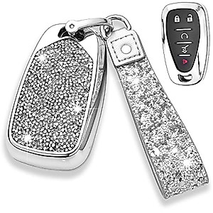 Royalfox 3 4 5 6 Buttons 3D Bling Diamond Rhinestones Smart Remote Key Fob Case Cover for 2016 2017 2018 2019 2020 2021 2022 Chevrolet Malibu Camaro Cruze Traverse Spark Sonic with Key Strap (Silver)