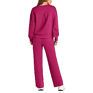 PRETTYGARDEN Women Two Piece Sweatsuits 2024 Long Sleeve Pullover Tops Wide Leg Pants Sets Matching Sweat Outfits (Rose Red,Large)