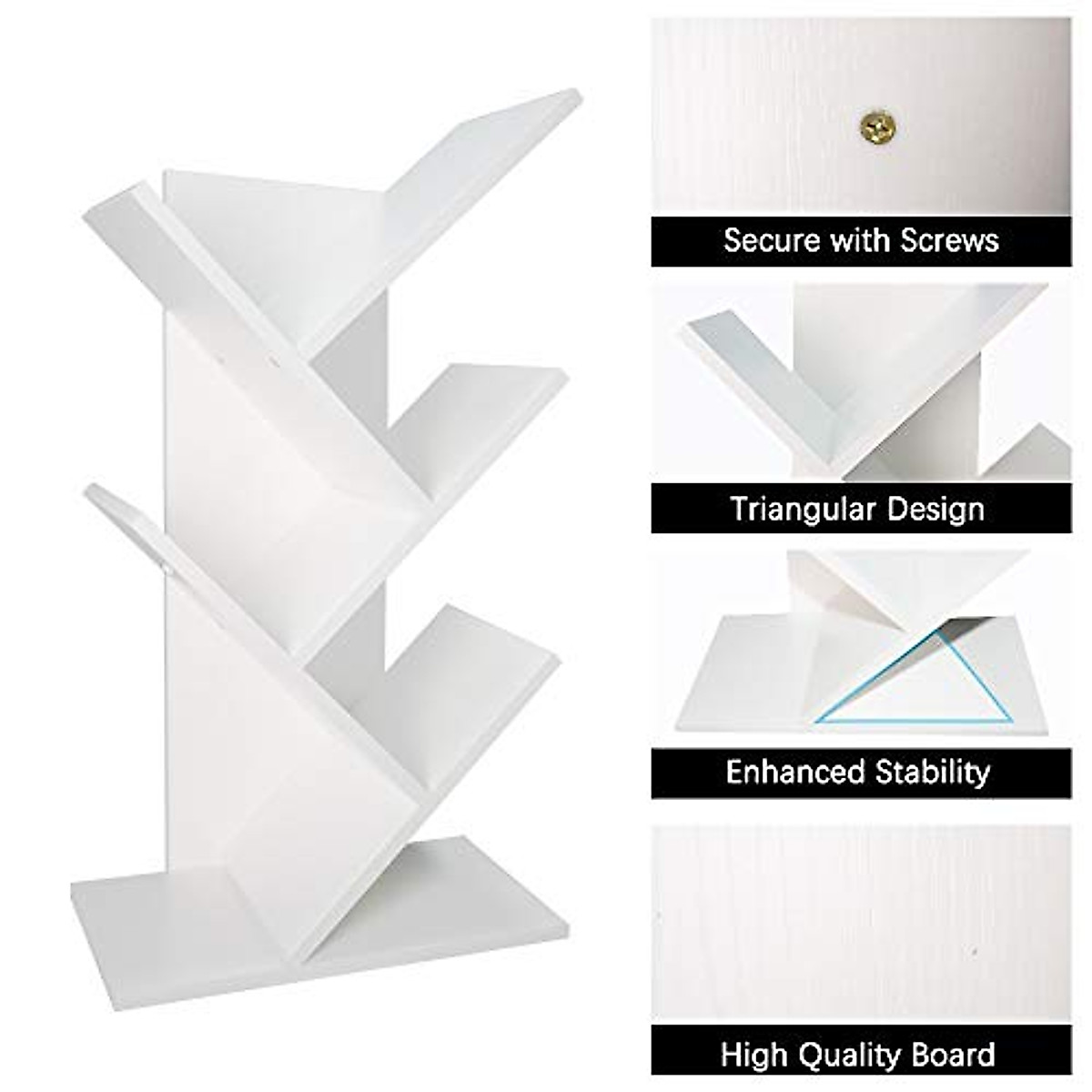 QUMENEY Tree Bookshelf, 5 Shelf Display Bookcase,Tree Bookcase for Books/CDs/Albums/Files Holder, Free Standing Book Shelves Organizer for Office，Bedroom, Living Room (White)