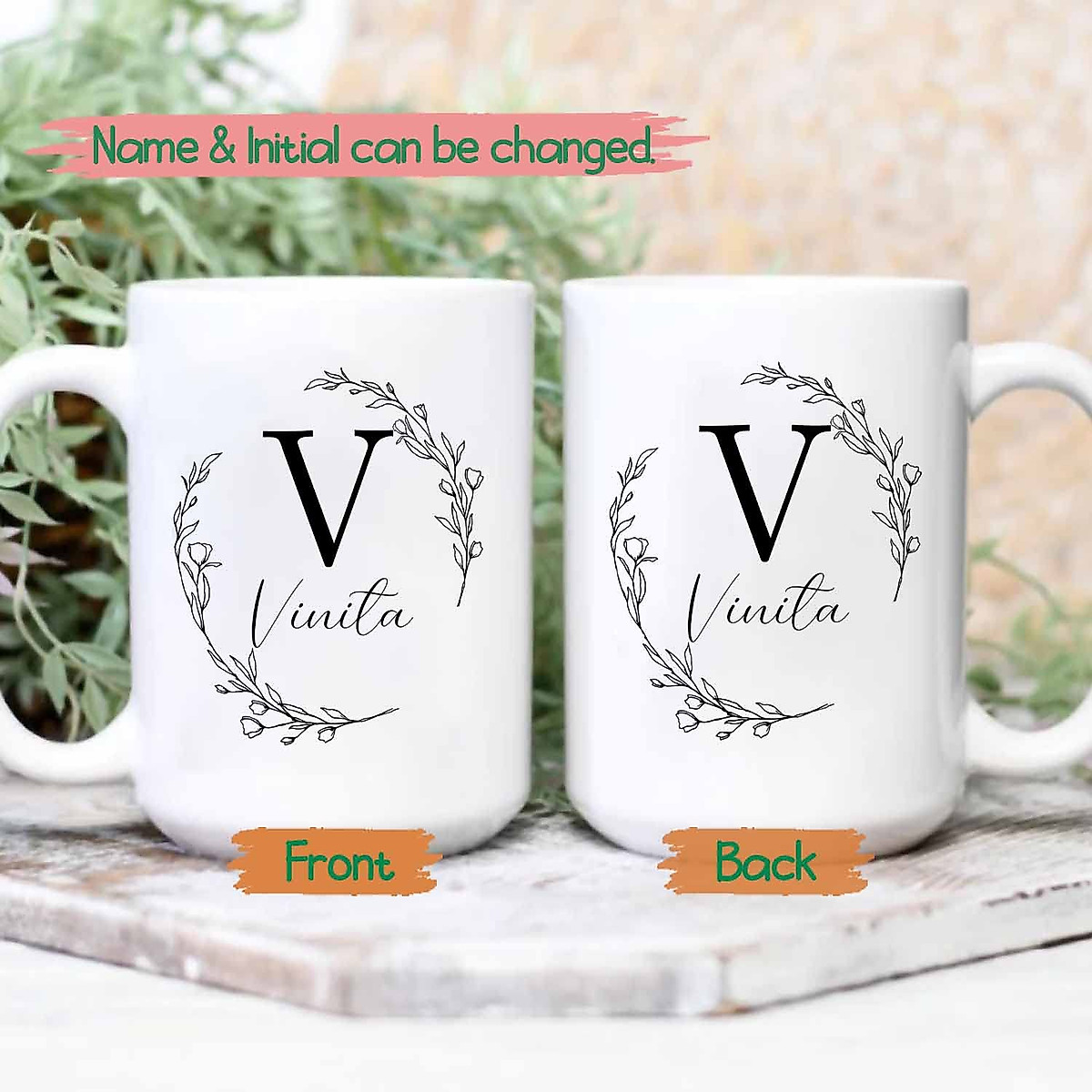 Personalized Name & Initial Letter Monogram Floral Alphabet White Coffee Mug Cup 11 15 Oz, Alphabet Accent Cup, Vintage Initial Monogram Travel Mug Gift For Men Women,Custom Name Initial Alphabet Mug
