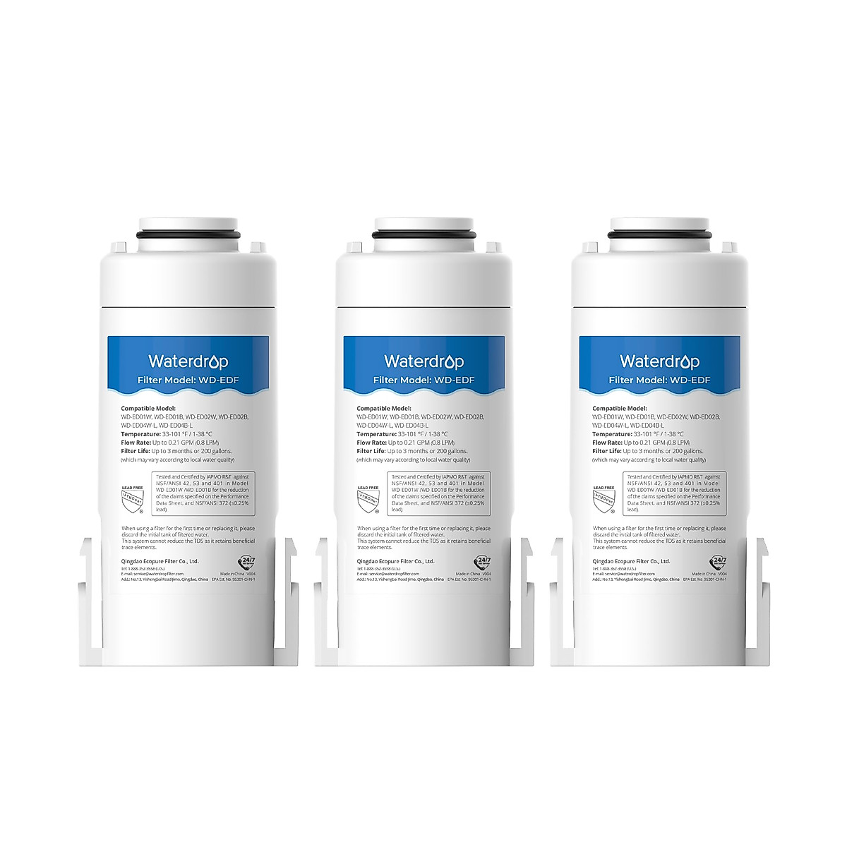 Waterdrop WD-EDF Replacement Filters for All Waterdrop 𝐄𝐥𝐞𝐜𝐭𝐫𝐢𝐜 Pitcher, WD-ED01W, WD-ED01B, Last Up to 3 Months or 200 Gallons, NSF/ANSI 401&53&42, Reduce Chlorine, Lead, PFAS (Pack of 3)
