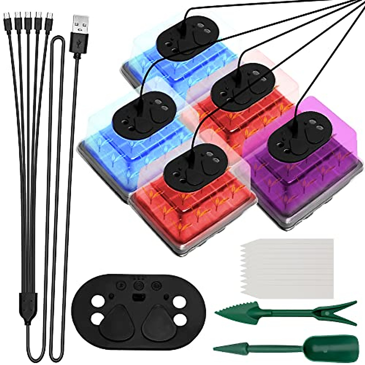 60 cell Reusable Seed Starter Tray with Grow Light, 5 Pack Seed Starter Kit with Adjustable Red, Purple, and Blue Light Brightness, Humidity,Timing for Indoor all plants fruit and vegetable seedlings