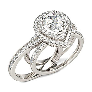 Jeulia 3ct Double Halo Engagement Ring 925 Sterling Silver 3PC Wedding Ring Set Pear Cut Cubic Zirconia Band Anniversary Promise Rings with Jewelry Gift Box (6.5)