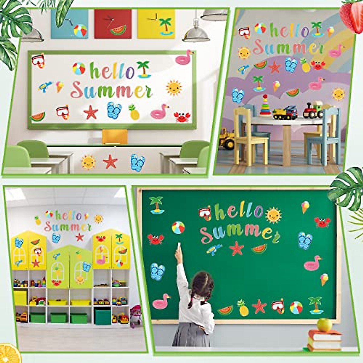 46 Pcs Hello Summer Cutouts Summer Bulletin Board Set Hawaii Ice Cream Watermelon Palm Tree DIY Paper Cutouts Wall Decals Beach Party Decorations for Classroom Kindergarten Party Supplies