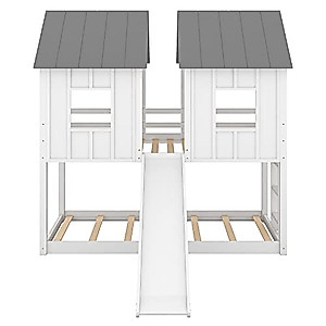 BOVZA House Bunk Beds with Slide, Twin Over Twin House Bunk Bed with Roof and Windows, Wood Low Playhouse Bunk Bed for Kids Boys Girls, White