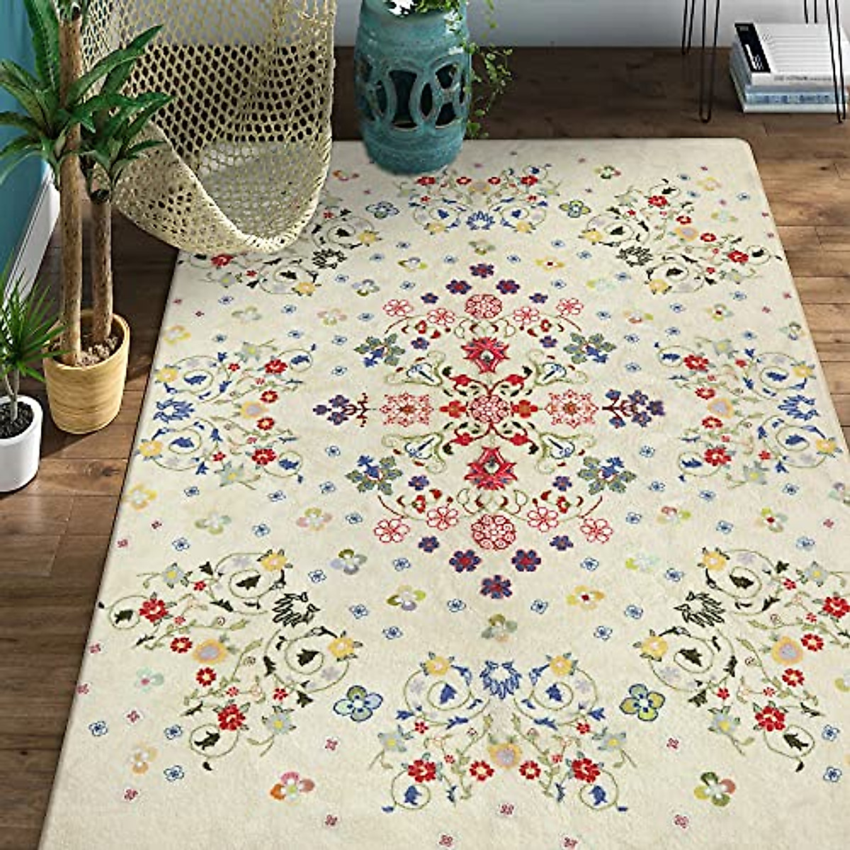 Uphome Non-Slip Floral Beige Area Rug 3' x 5', Rustic Distressed Accent Throw Rugs Machine Washable Shag Collection Floor Carpet for Bedroom Living Room Home Decor
