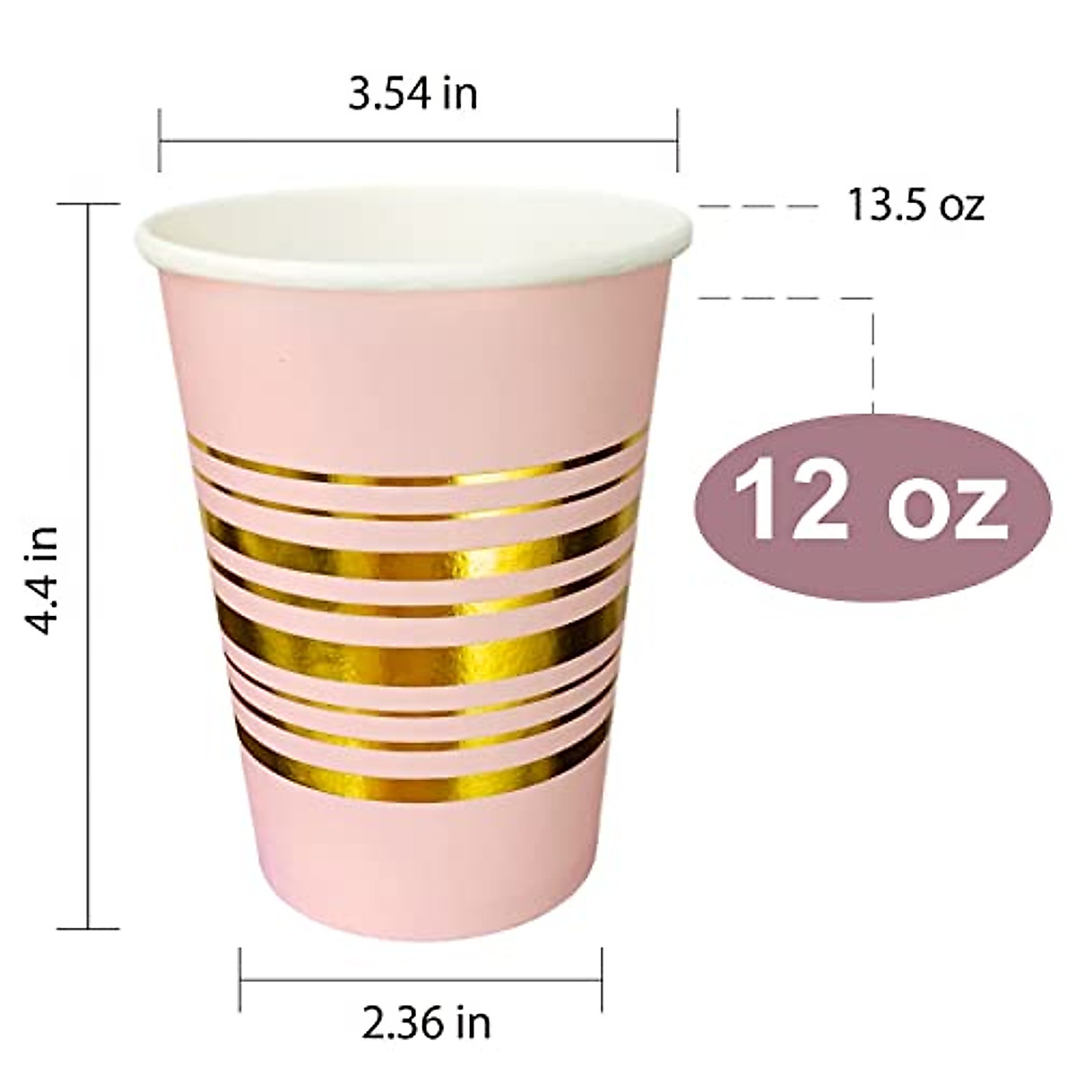 DiggHous KSG Elegant Light Pink and Gold Striped Paper Party Cups 12 oz - Pack of 50 Disposable Cups - Perfect for Bachelorette Baby Shower Birthdays - Hot and Cold Beverages