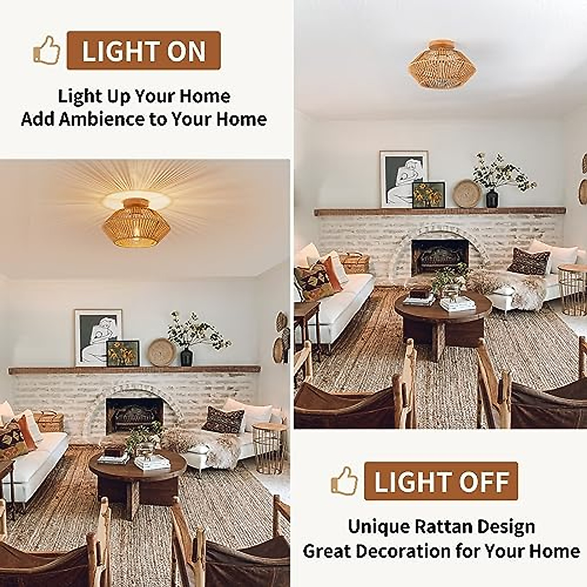 Boho Light Fixtures Rattan Ceiling Light Farmhouse Mini Hand-Woven Cage Flush Mount Chandelier for Bedroom Bathroom Hallway Entryway Living Room