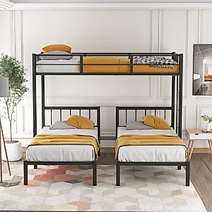 Harper & Bright Designs Twin Over Twin Bunk Beds for 3, Metal Triple Bunk Bed with Guardrails for Kids, Teens, Boys, Girls (Black)