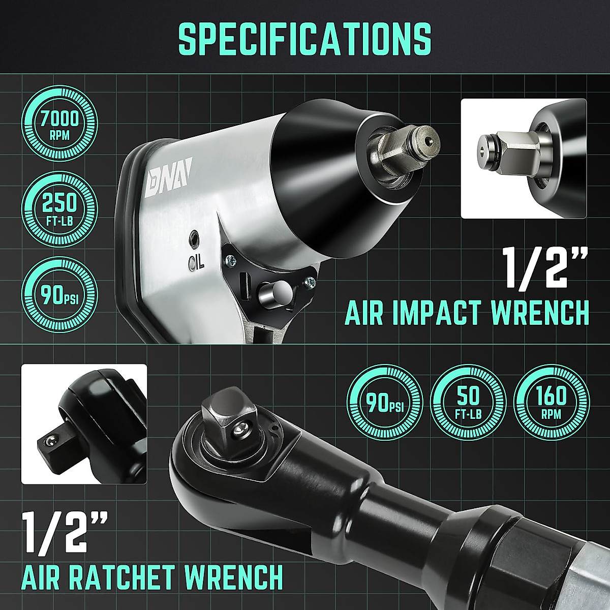 DNA MOTORING 17Pc Air Tool Kit 1/2-Inch Pneumatic Air Impact & Ratchet Wrench Kit Torque Wrench for Repairs, w/Case, Sliver/Black, TOOLS-00530