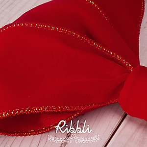 Ribbli Red Velvet Wired Ribbon,Velvet Ribbon with Gold Metallic Edge, 2-1/2 Inch x Continuous 10 Yard, Christmas Ribbon for Big Bow,Wreath,Tree Decoration