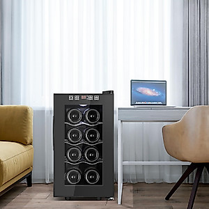 8 Bottle Small Wine Fridge, Mini Wine Cooler with Removable Shelves Interior Light Digital Touch Control, Double-Layer Tempered Glass Door Wine Cooler Refrigerator