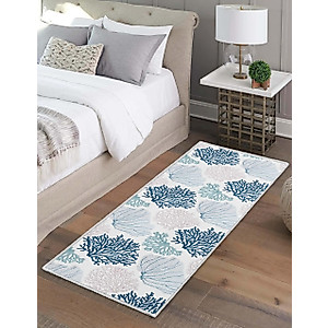 Coastal Runner Rug Beach Hallway Rugs Non-Slip Nautical Coral Machine Washable Rugs Modern Floor Carpet for Kitchen Bathroom Laundry Bedroom Living Room, 2x6