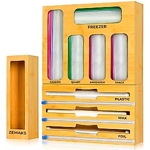 9 in 1 Bamboo Storage Bag Organizer for Drawer with Cutter, Foil and Saran Wrap Organizer, Sandwich & Storage Bag Organizer, Baggie Organizer for Gallon, Quart, Sandwich & Snack Variety Size Bag