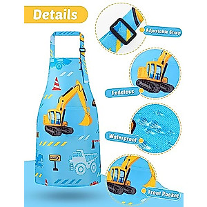 WERNNSAI 2 Pack Kids Aprons - Truck Kids Art Aprons for Boys Waterproof Toddler Chef Aprons Cooking Baking Painting Gardening Apron for Kids with Pocket Kitchen Classroom Art Smocks Age 6-10 Years