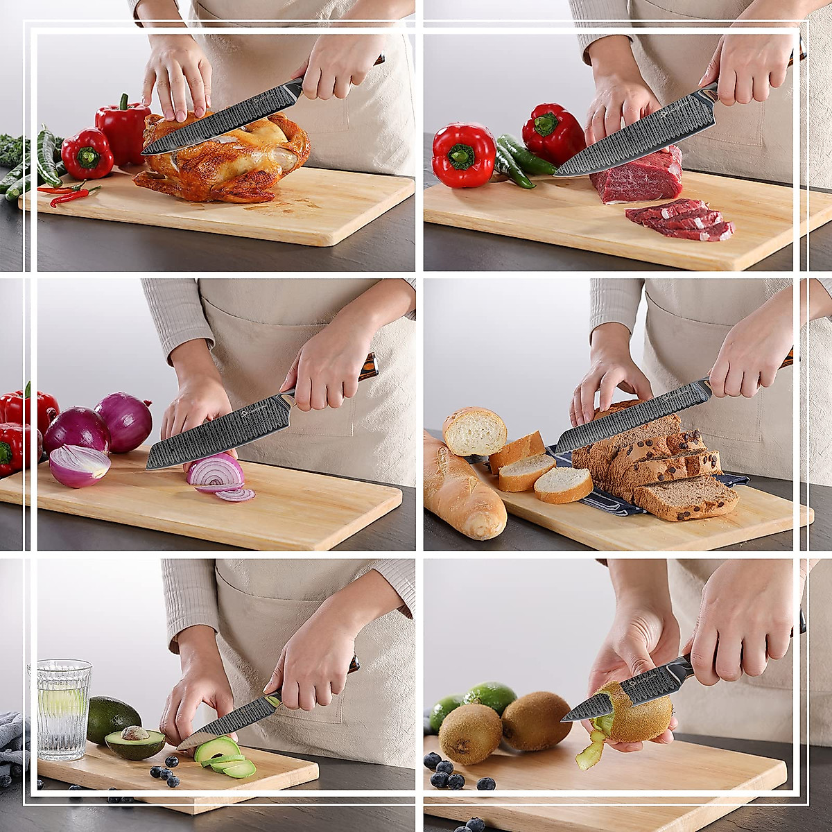 Chef Knife Set, Luckytime 6-Piece Kitchen Knives Set, German 5cr15mov High Carbon Stainless Steel Meat Sushi Fruit Vegetable Ultra Sharp Professional Cutting Knife with Ergonomic Handle & Gray Texture