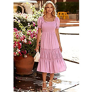 KIRUNDO 2023 Spring Summer Womens Square Neck Smocked Short Puff Sleeve Tiered Midi Dress Solid Casual A Line Flowy Dresses(Solid-Pink, X-Large)