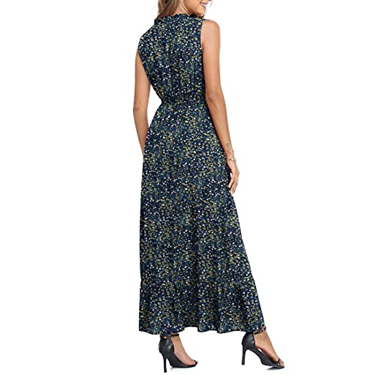 CZYINXIAN Women’s Sleeveless Maxi Dress Floral Printed Tie Neck Long Dress High Waist Pleated A Line Dresses for Women(Flower Navy Blue,Medium)