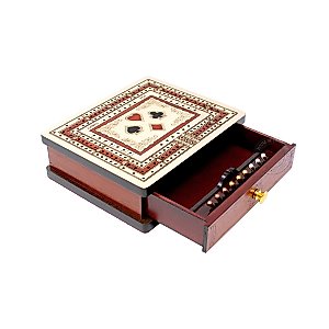 House of Cribbage - 3 Track - 60 Points Non-Continuous Travel Cribbage Board Inlaid in Maple Wood/Bloodwood - Size:6" x 5" - Storage Drawer for Cribbage Pegs & Playing Cards