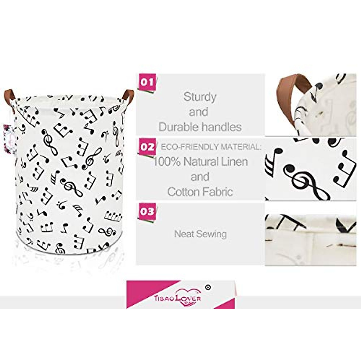 TIBAOLOVER 19.7" Large Sized Waterproof Foldable Canvas Laundry Hamper Bucket with Handles for Storage Bin,Kids Room,Home Organizer,Nursery Storage,Baby Hamper (Musical Note)