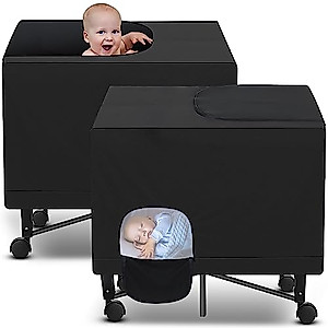 Preboun 2 Pcs Blackout Cover Compatible with Pack N Play, Black Crib Canopy Cover Breathable Travel Netting Tent Portable Stretchy Netting Cover for Indoor Outdoor Playard to Sleeping or Play