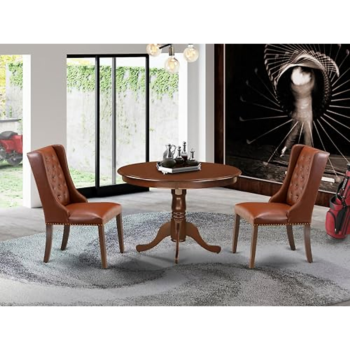 East West Furniture HLFO3-MAH-46 3 Piece Dining Room Furniture Set Contains a Round Dining Table with Pedestal and 2 Brown Faux Faux Leather Upholstered Chairs, 42x42 Inch, Mahogany
