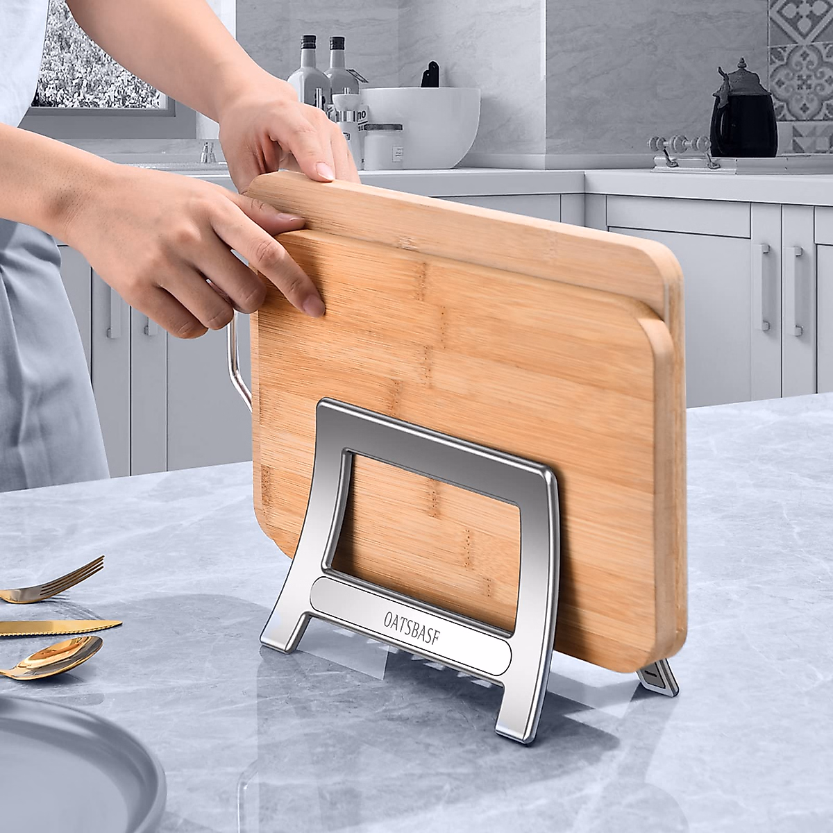Cutting Board Holder, xuenair Cutting Board Rack Chopping Board Holder,Auto Width Adjustable Cutting Board Holder Stand for Countertop Counter Kitchen Cabinet (Silver)