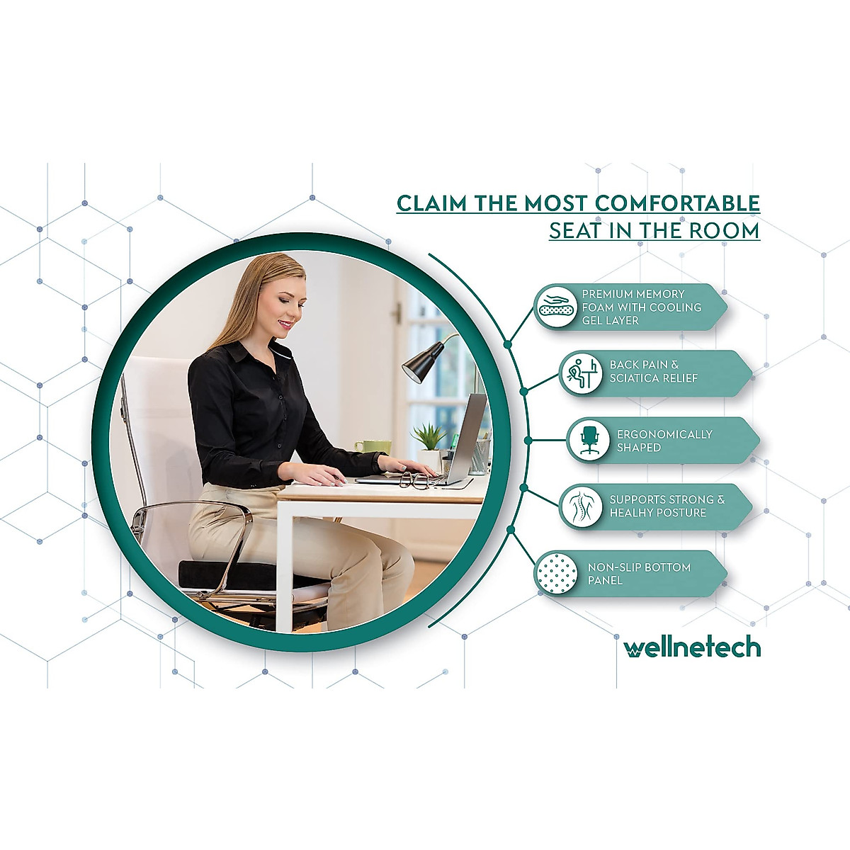 Wellnetech Seat Cushion Non-Slip Sciatica & Back Coccyx Tailbone Pain Relief Car Seat Cushion All-Day Sitting Comfort for Office Desk Gaming Chair. Enhanced Gel Memory Foam Seat Cushion