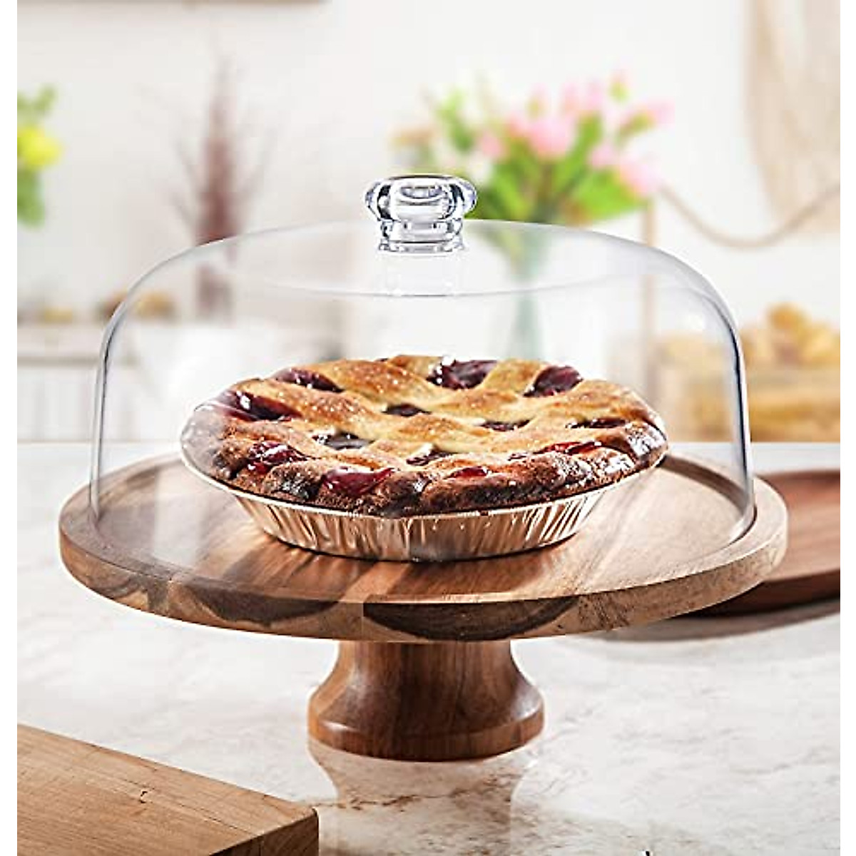 Godinger Footed Cake Plate, Acacia Wood and Shaterproof Acrylic Lid, Cake Stand with Dome