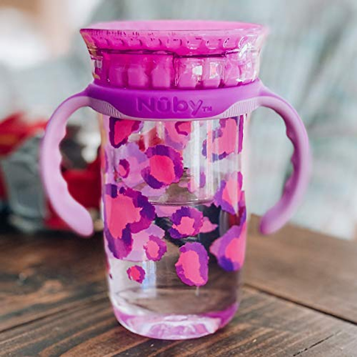 Nuby 360 Edge 2 Stage Drinking Rim Cup with Removable Handles & hygienic Cover: 10 Oz/ 300 Ml, 12M+, Leopard, Purple (80810)