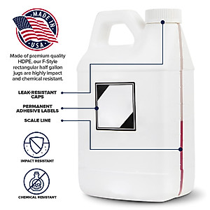Stock Your Home 64 oz Plastic F-Style Half Gallon Jugs with Labels (3 Pack) - Child Proof Leak Resistant Caps - Impact Resistant Plastic Jugs for Commercial or Restaurant Use - Adhesive Stickers