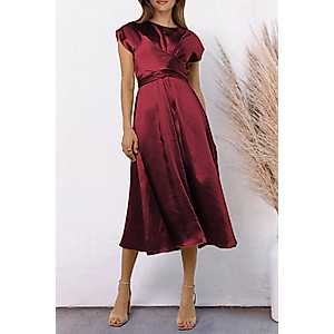 PRETTYGARDEN Women's 2024 Summer Satin Midi Dress Cap Sleeve Tie Waist Elegant A-Line Flowy Dresses (Wine Red,Medium)