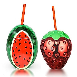 2 PCS,Watermelon and Strawberry Disco Ball Cups With Red Straw,for Party, Removable and Reusable,at The Seaside and Pool.