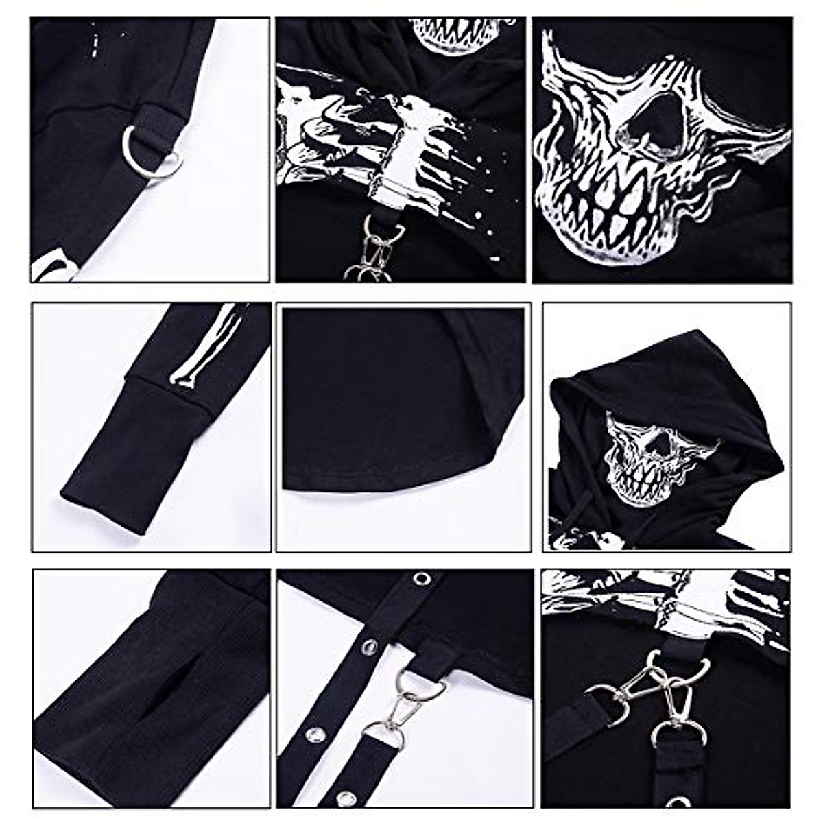 Women Gothic Skeleton Print Hoodies Mask Bandage Crop Top Lace Up Pullover Sweatshirt for Rave Festivals Streetwear