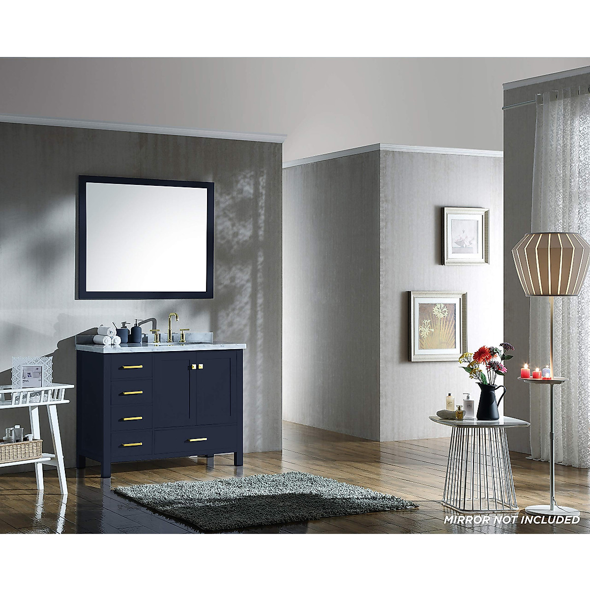 ARIEL Cambridge 43" Inch Single Right Offset Rectangular Sink Solid Wood Midnight Blue Bathroom Vanity Cabinet with 1.5" Inch Edge White Carrara Marble Countertop and Backsplash, No Mirror