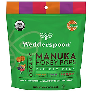 Wedderspoon Organic Manuka Honey Vitamin C Lollipops Variety Pack, 24 Count - No Artificial Flavors or Dye