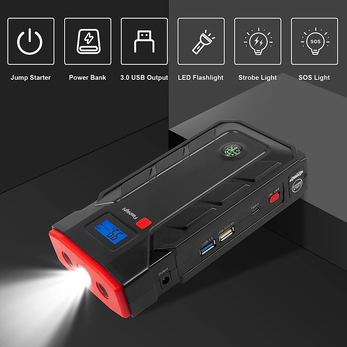 Car Jump Starter, Portable Car Battery Charger Jump Starter, 1000A 27000mAh for up to 6-Liter Gasoline and 3-Liter Diesel Engines with Smart Charging Port, Compass and LED Light