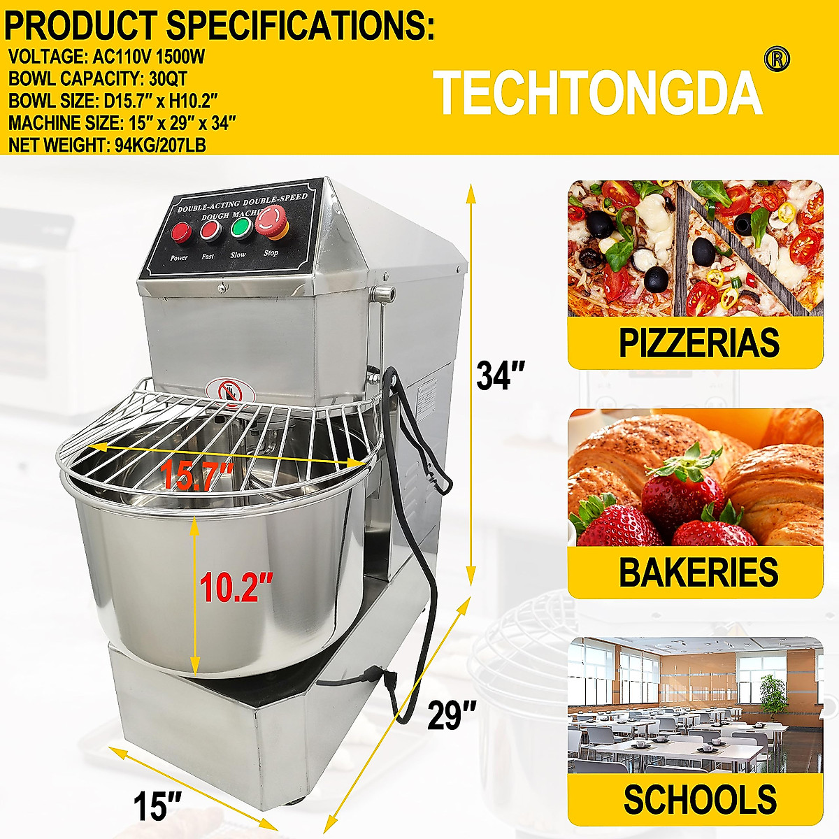 TECHTONGDA 30L Commercial Dough Mixer Electric Flour Mixer Dual Rotating Double Speed Dough Kneading Machine Stainless Steel Stand Mixer Pizza & Bread Dough Mixing Machine for Restaurant Pizzeria