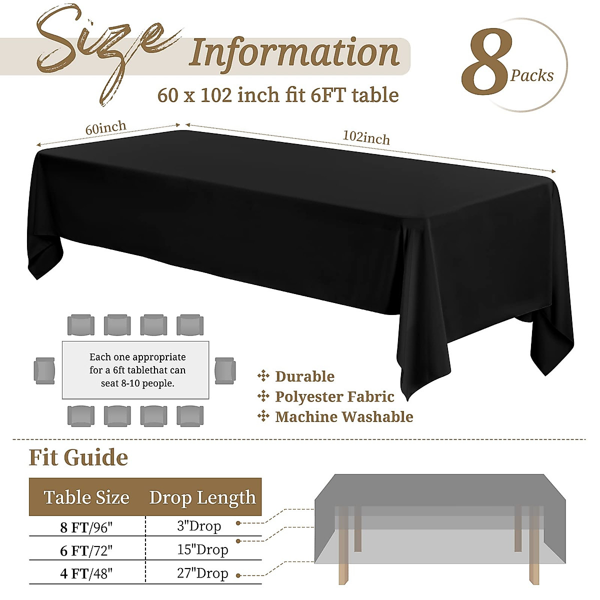 Showgeous 8 Pack Black Tablecloth 60 x 102 Inch, Rectangle Table Cloth for 6 Foot Table, Wrinkle Resistant Washable Polyester Table Cover for Wedding Dining Table Buffet Parties and Camping