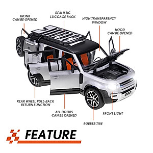 1/24 Diecast Model Car Pullback Vehicle Toy Collection for Land Rover New Defender 110, Kids Gift, with Sound and Light