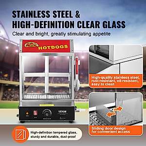 VEVOR Hot Dog Steamer, 28.5QT, 2-Tier Hot Dog Hut Steamer, 86℉~185℉ Temperature Control, Electric Bun Warmer with Tempered Glass Slide Doors Partition Plate Tong, Stainless Steel, for Hot Dogs & Buns