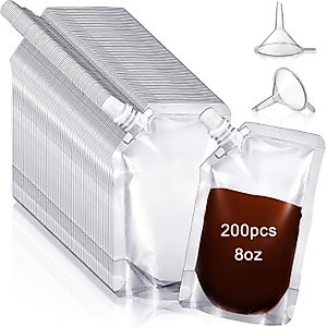 Meanplan 200 Pcs Plastic Flask Reusable Plastic Pouches Bulk Cruise Plastic Pouches with Funnel Leak Proof Bags Juice Pouches Travel Clear Containers for Adults Women Men Pool(8 oz)