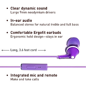 Panasonic ErgoFit Wired Earbuds, In-Ear Headphones with Microphone and Call Controller, Ergonomic Custom-Fit Earpieces (S/M/L), 3.5mm Jack for Phones and Laptops - RP-TCM125-V (Purple)