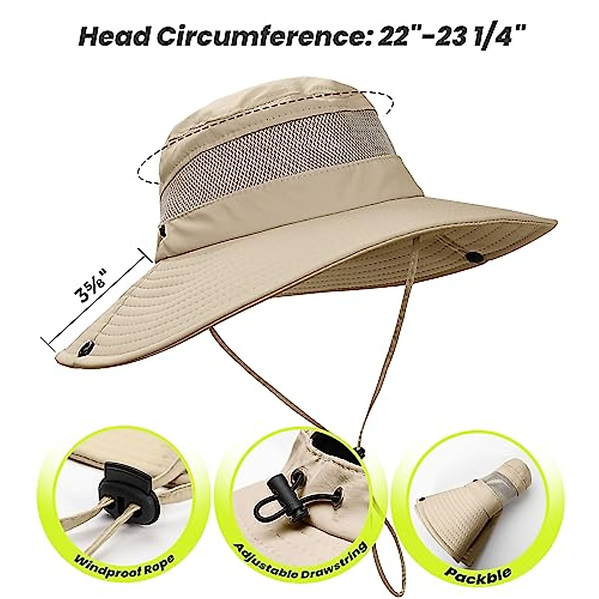 Sun Hat with High Ponytail Hole for Women, Womens UV Protection Wide Brim Foldable Waterproof Beach Bucket Safari Fishing Hat Khaki