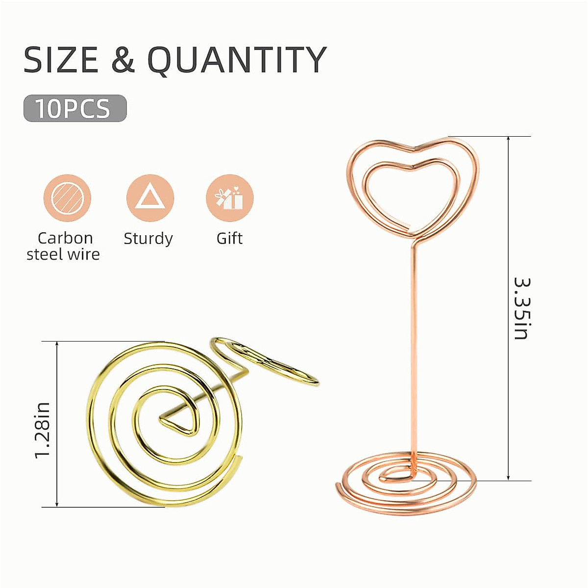 10 Pcs Table Number Holders Heart Shaped Table Number Stand Place Card Holder Mini Wire Table Card Holder Picture Photo Holders Clips for Centerpieces Wedding Party Memo Menu Stands (Gold + Rose Gold)