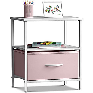 1-Drawer Shelf Storage Nightstand - Kids Bedside Furniture End Table Night Stand - Steel Frame, Wood Top & Easy Pull Fabric Bins - Dresser & Chest for Home, Bedroom Accessories, Office & College Dorm