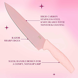 Paris Hilton Knife Block Set with Fan Style Clear Acrylic Knife Block, Premium Stainless Steel Blades with Nonstick Coating, Comfort Grip Handles, 16-Piece Set, Pink and Gold