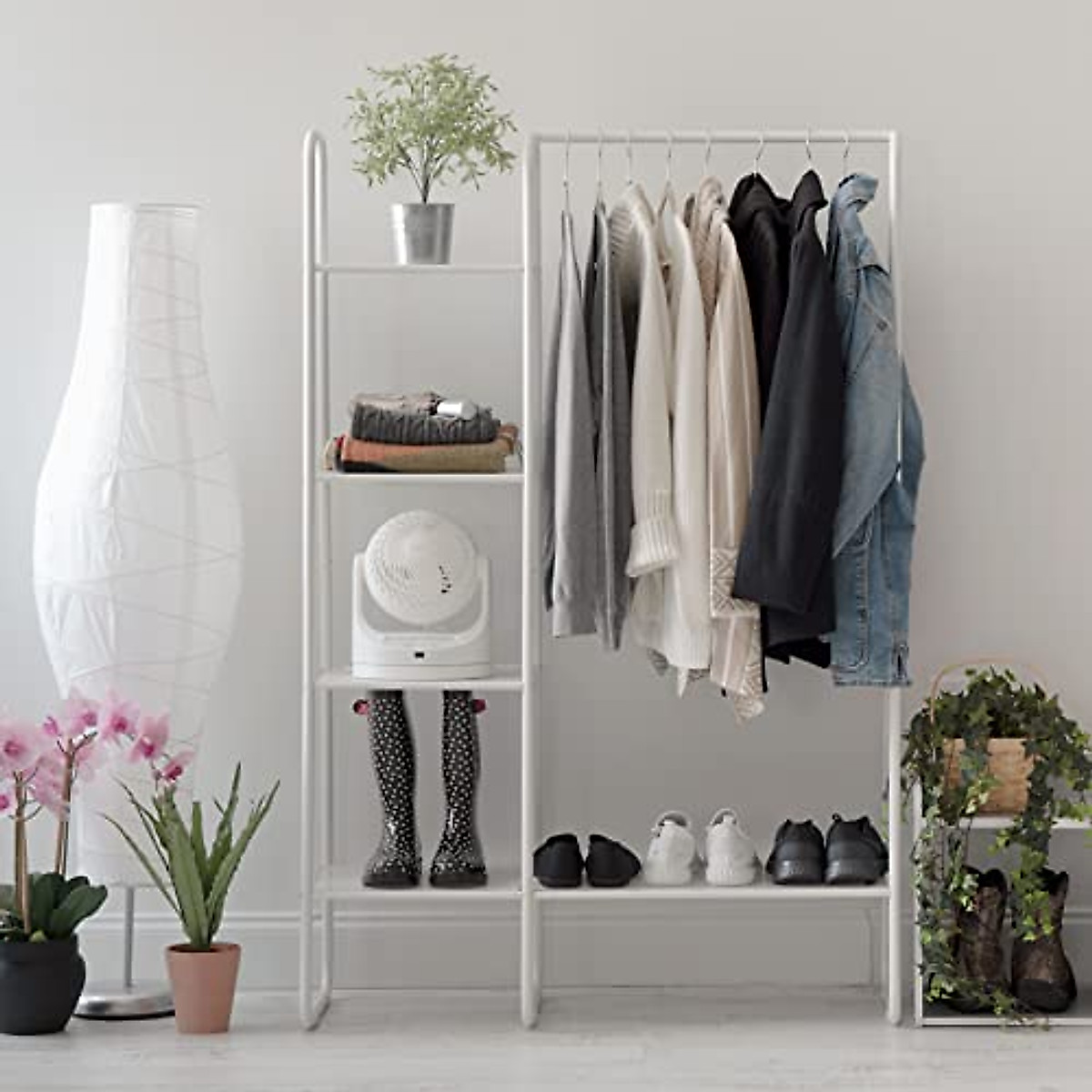 IRIS USA Clothes Rack with 4 Metal Shelves, Freestanding Clothing Racks for Hanging Clothes, Easy to Assemble, Standing Metal Sturdy Garment and Accessories Rack, Small Space Storage Solution, White