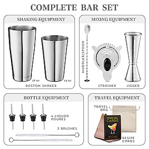 Boston Shaker Set Bartender Kit - 13 Piece Bar Set Cocktail Shaker Set - Drink Mixer for Home Bar with All Bar Accessories - Bar Tools: Cocktail Shaker, Jigger, Cocktail Strainer, Bar Spoon, Pourers.